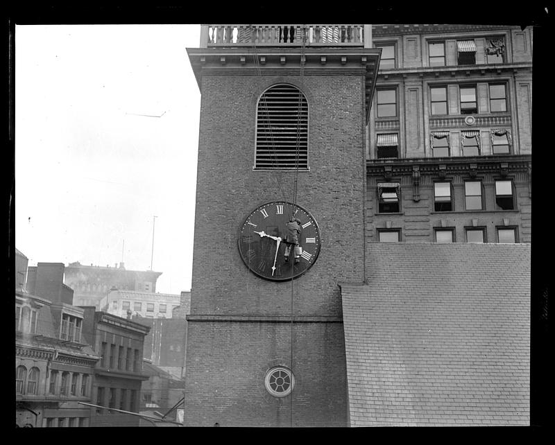 Old South Church clock being painted - Digital Commonwealth