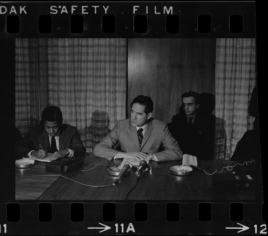 Brandeis University President Morris Abram at press conference during ...