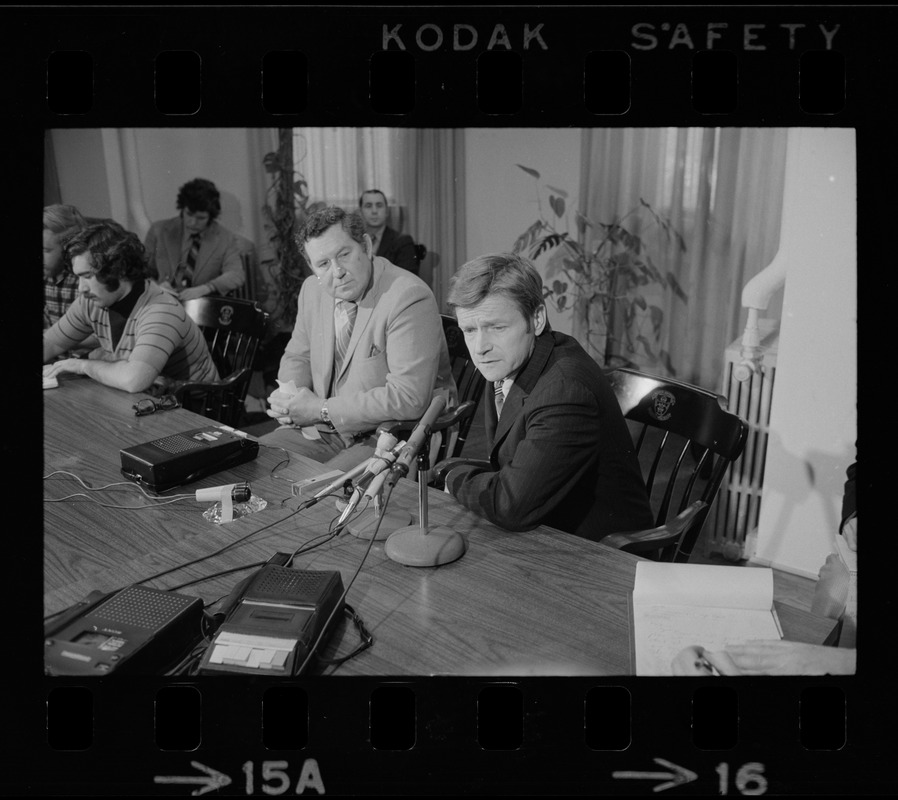 B.U. President John Silber speaks at a press conference after riots ...