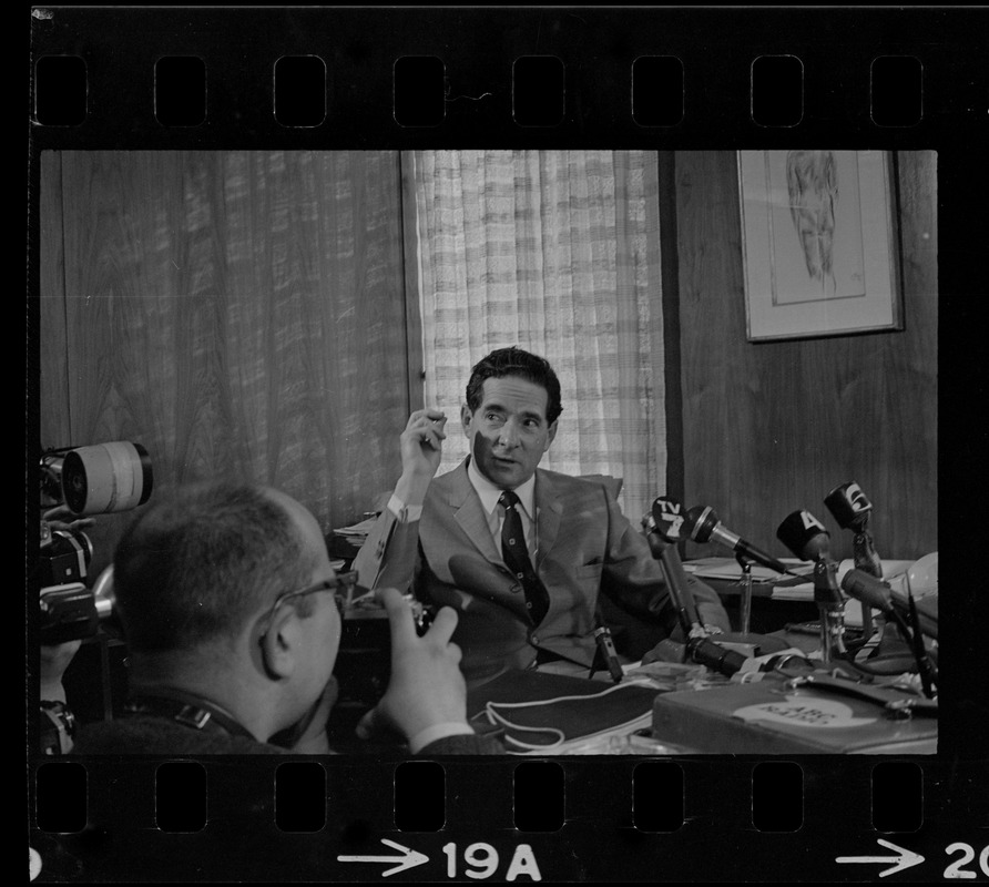 Brandeis University President Morris Abram conducting a press ...