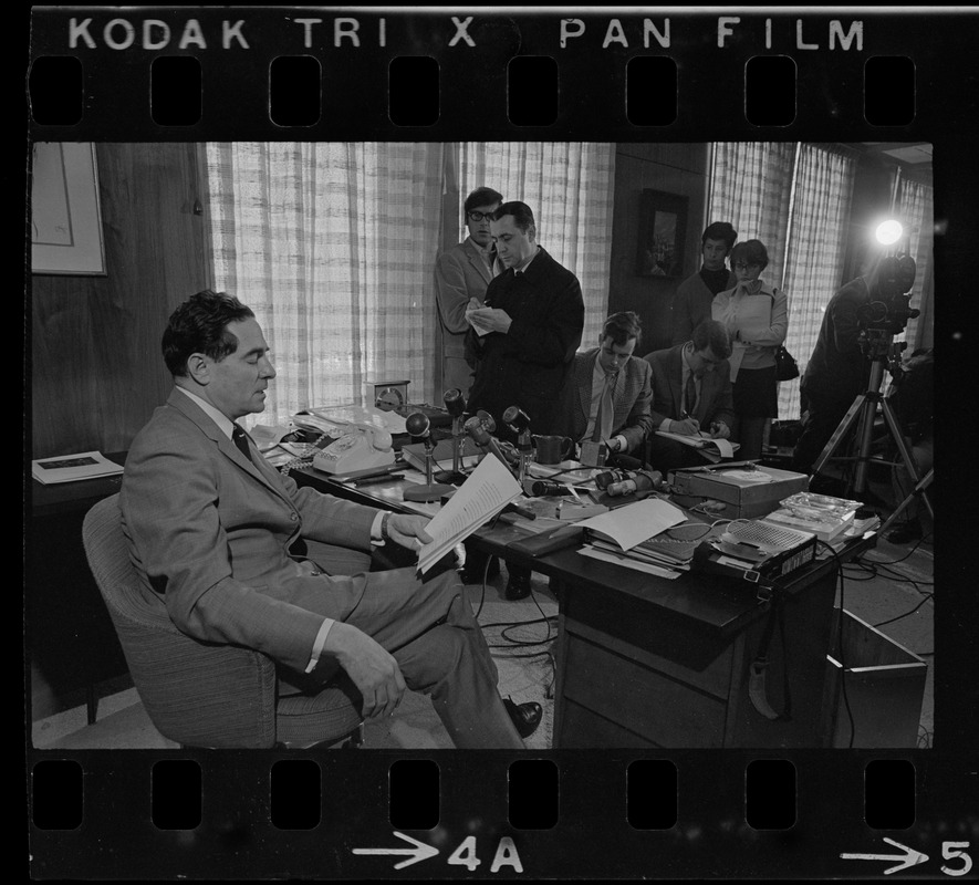 Brandeis University President Morris Abram conducting a press ...