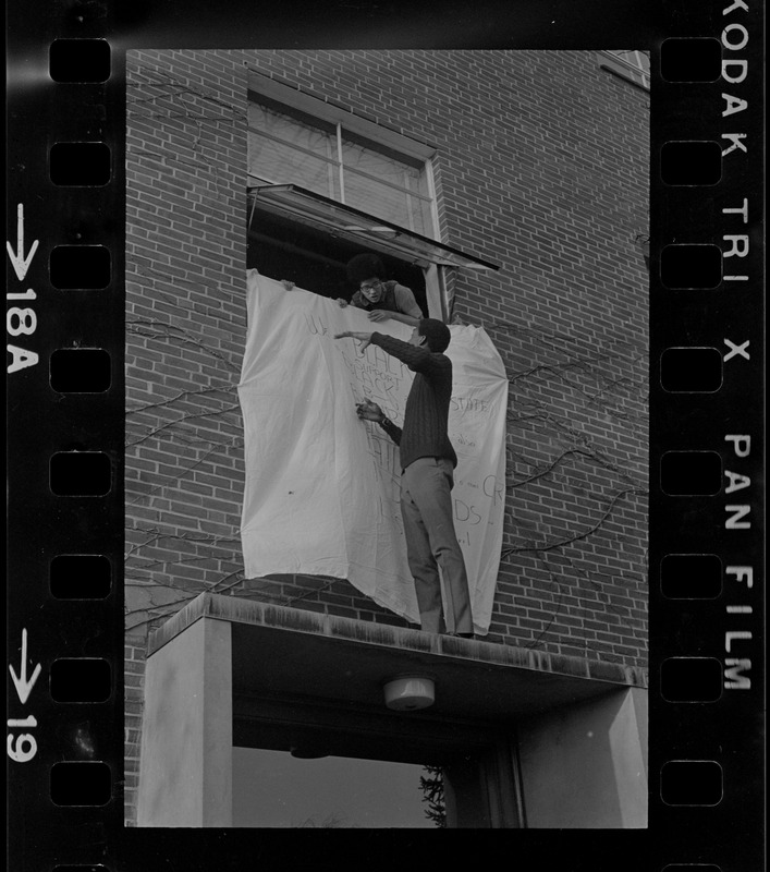 Black students at Brandeis University hang banner outside Ford Hall ...