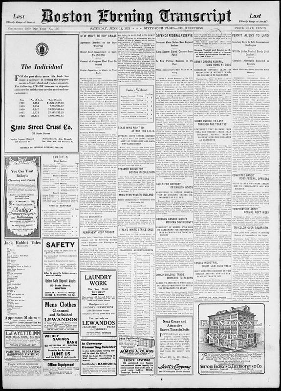 Boston Evening Transcript. June 11, 1921 - Digital Commonwealth