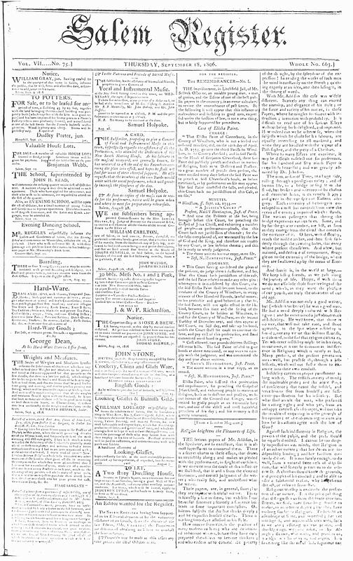 The Salem Register. September 18, 1806 - Digital Commonwealth