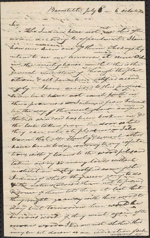 Mashpee Revolt, 1833-1834 - Letter from Josiah J. Fiske to Gov. Levi ...