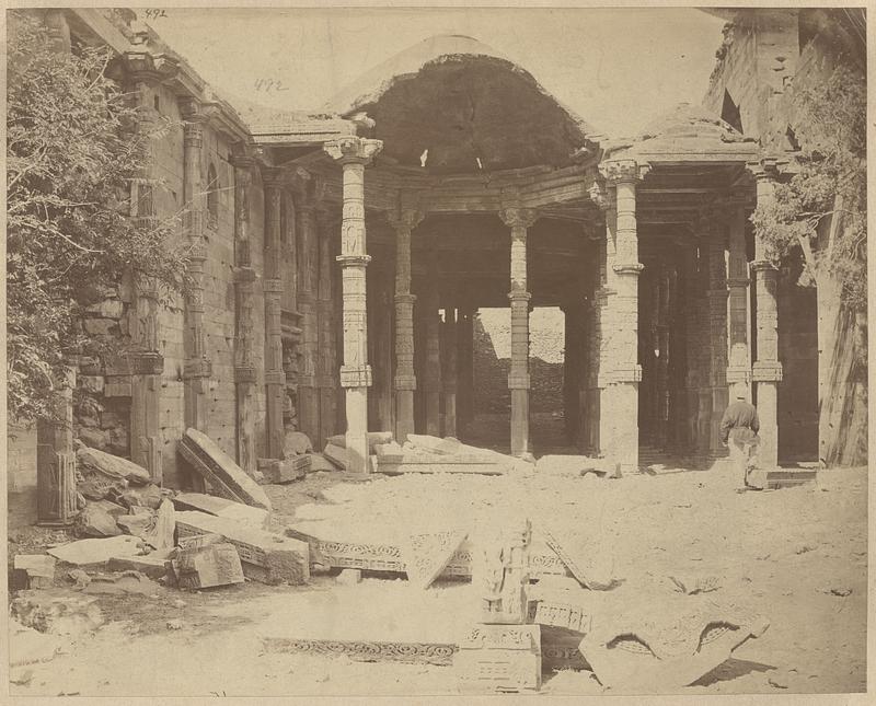 View of pillared hall with partially collapsed dome, Adhai Din Ka ...