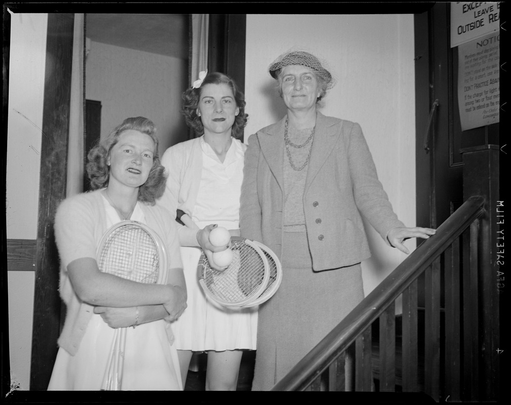 Hazel Wightman with two women players, at Longwood - Digital Commonwealth