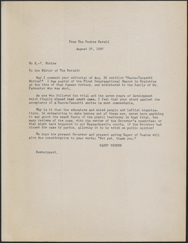 Harry Grimes typed letter (copy) to the Editor, Boston Herald ...