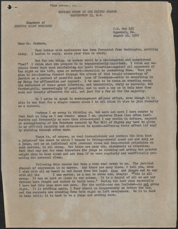 Wiley Rutledge (Supreme Court of the United States) typed letter (copy ...