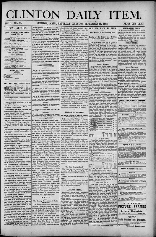 Clinton Daily Item. September 16, 1893 - Digital Commonwealth