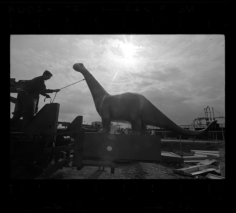 Sinclair Oil dinosaur advertising sign unloaded, East Boston - Digital ...