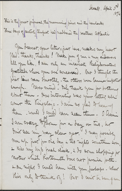 Celia Thaxter autograph letter signed to [Annie Fields], Shoals, [N.H ...