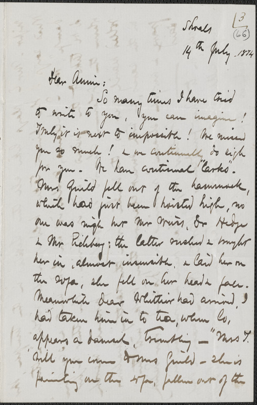 Celia Thaxter autograph letter signed to Annie Fields, Shoals, [N.H ...