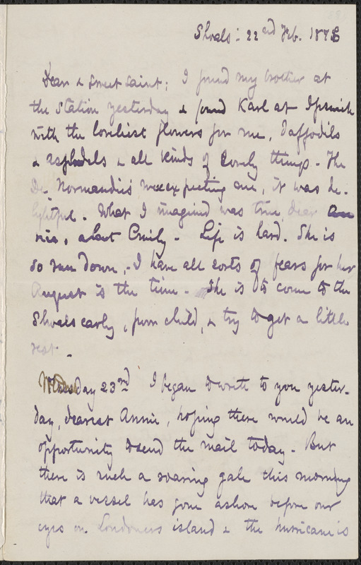 Celia Thaxter autograph letter to [Annie Fields], Shoals, [N.H.], 22 ...
