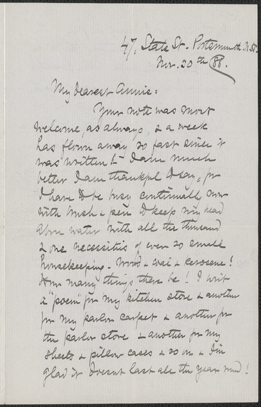 Celia Thaxter autograph letter signed to Annie Fields, Portsmouth, N.H ...