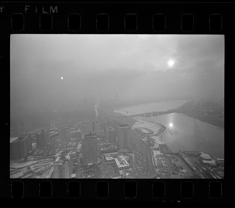 Air pollution over Charles River Basin aerial view, downtown Boston ...