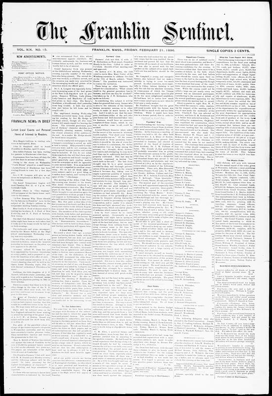 The Franklin Sentinel. February 21, 1896 - Digital Commonwealth