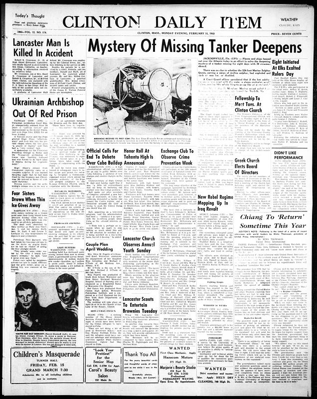 Clinton Daily Item. February 11, 1963 - Digital Commonwealth