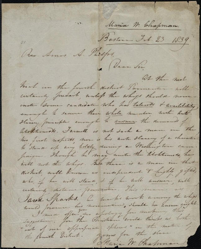 Letter from Maria Weston Chapman, Boston, [Mass.], to Amos Augustus Phelps, Feb. 23, 1839 ...