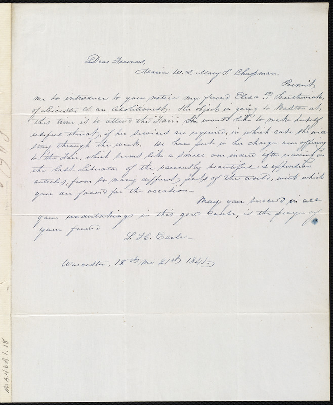 Letter from Sarah Hussey Earle, Worcester, [Mass.], to Maria Weston ...