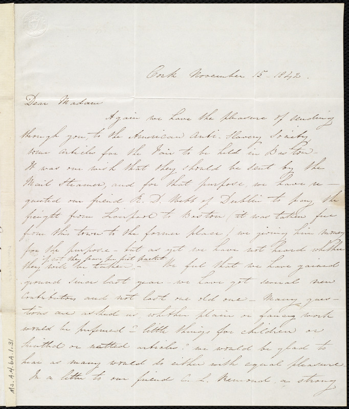 Letter from Isabel Jennings, Cork, [Ireland], to Maria Weston Chapman ...