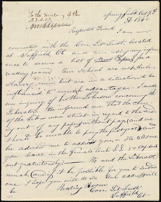 Letter from Lucian Burleigh, Springfield, [Mass.], to Maria Weston ...