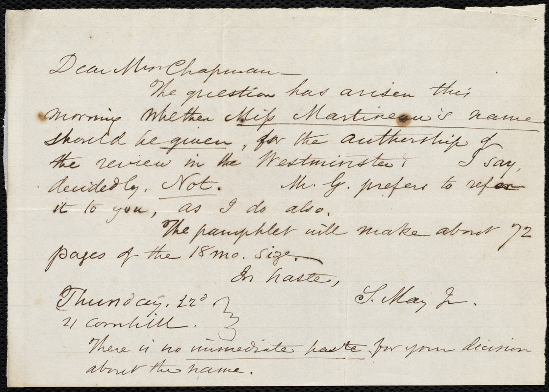 Letter from Samuel May, 21 Cornhill, [Boston, Mass.], to Maria Weston ...