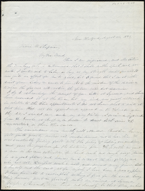 Letter from John Anderson Collins, New Hartford, [NY], to Maria Weston ...