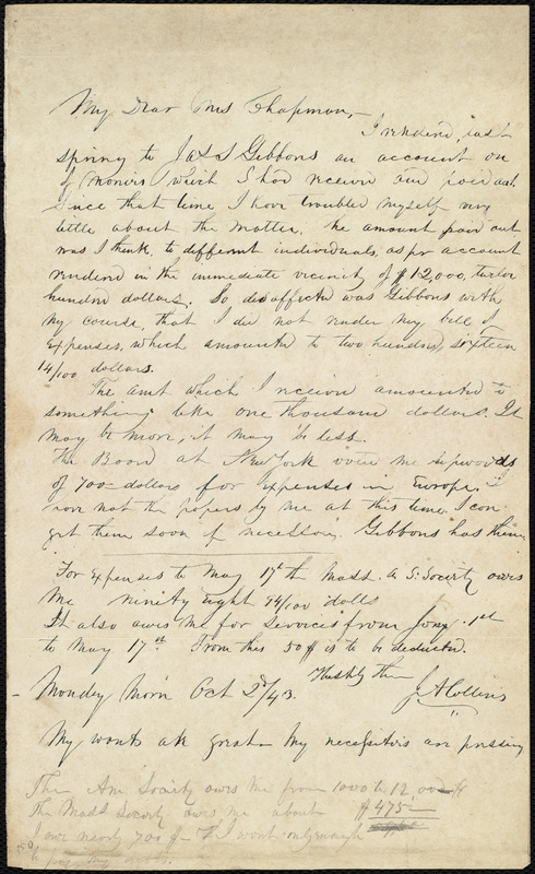 Letter from John Anderson Collins to Maria Weston Chapman, Monday morn ...