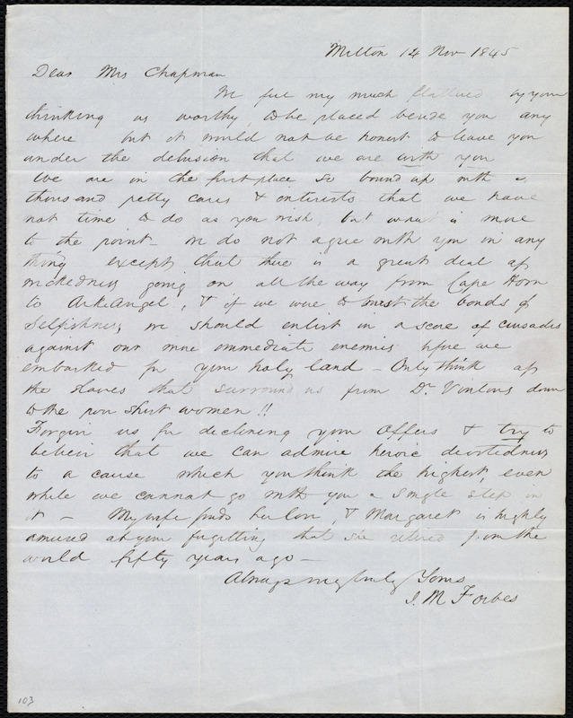 Letter from John Murray Forbes, Milton, [Mass.], to Maria Weston ...