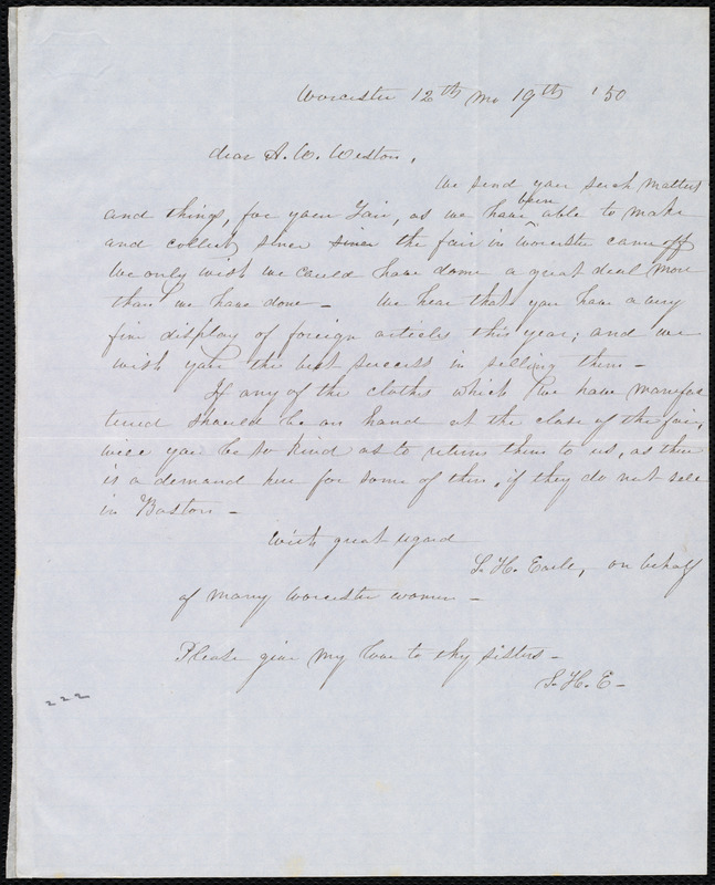 Letter from Sarah Hussey Earle, Worcester, [Mass.], to Anne Warren ...