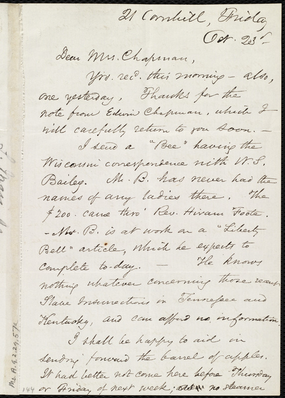 Letter from Samuel May, 21 Cornhill, [Boston, Mass.], to Maria Weston ...