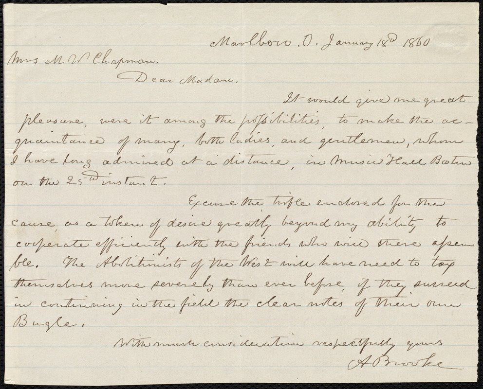 Letter from Abraham Brooke, Marlboro, O[hio], to Maria Weston Chapman ...