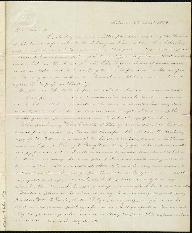 Letter from Lucy Earle, Leicester, [Mass.], to Maria Weston Chapman ...