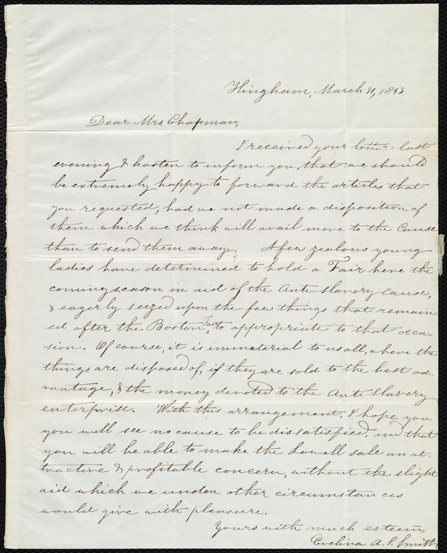 Letter from Evelina A. S Smith, Hingham, [Mass.], to Maria Weston ...