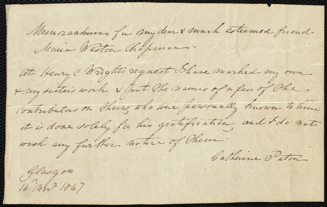 Memorandum from Catherine Paton, Glasgow, [Scotland], to Maria Weston ...