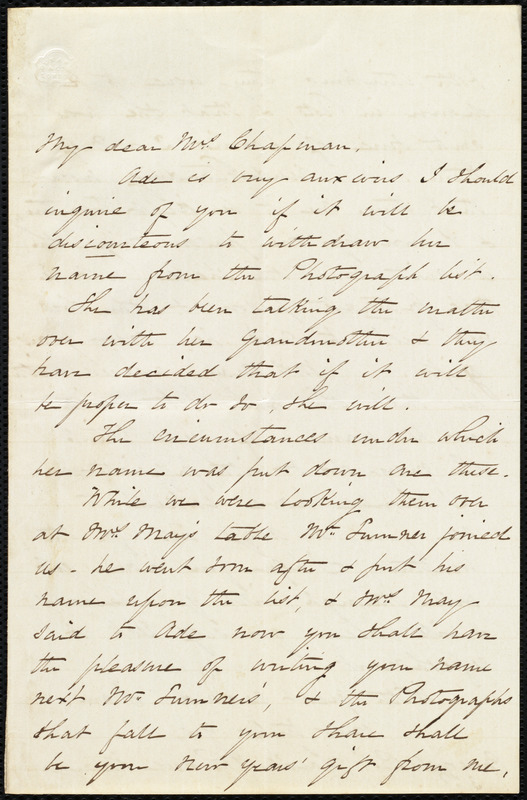 Letter from Sarah Russell May, Burroughs Pl[ace], to Maria Weston ...