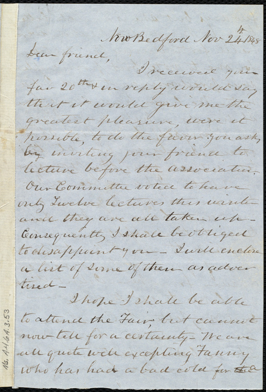 Letter from Joseph Ricketson, New Bedford, [Mass.], to Anne Warren ...