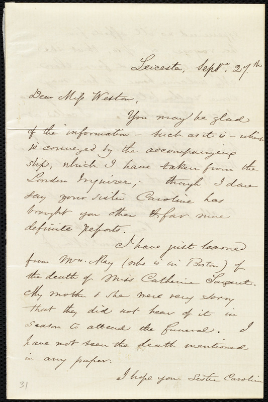 Letter from Samuel May, Leicester, [Mass.], to Miss Weston, Sept. 27th ...