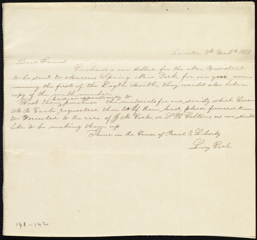Letter from Lucy Earle, Leicester, [Mass.], to Maria Weston Chapman ...