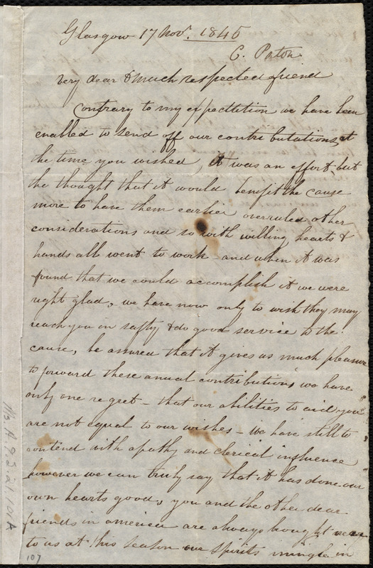 Letter from Catherine Paton, Glasgow, [Scotland], to Maria Weston ...