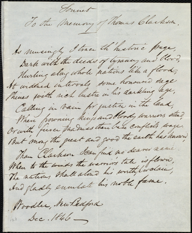 Sonnet to the memory of Thomas Clarkson from Daniel Ricketson, Woodlee ...