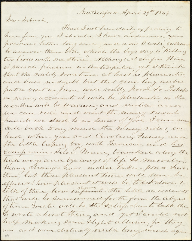Letter from Joseph Ricketson, New Bedford, [Mass.], to Deborah Weston ...