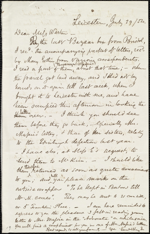 Letter from Samuel May, Leicester, [Mass.], to Miss Weston, July 29 ...