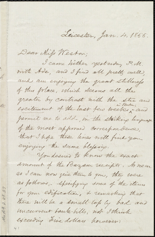 Letter from Samuel May, Leicester, [Mass.], to Miss Weston, Jan. 4 ...