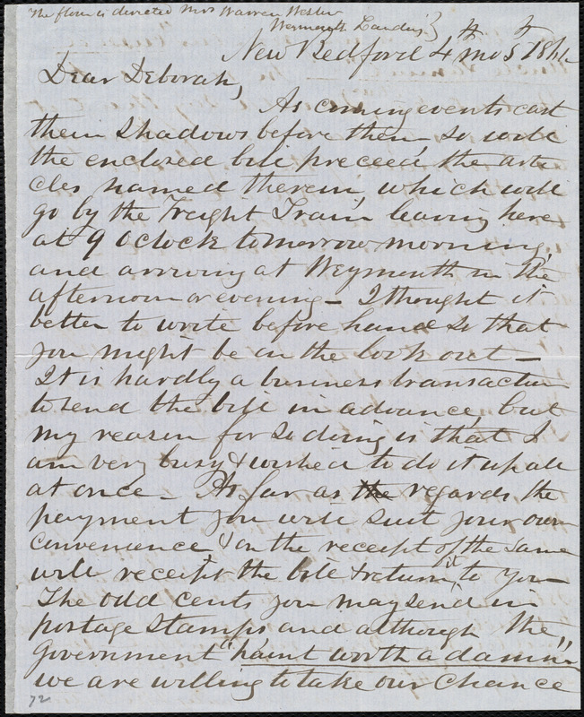 Letter from Joseph Ricketson, New Bedford, [Mass.], to Deborah Weston ...