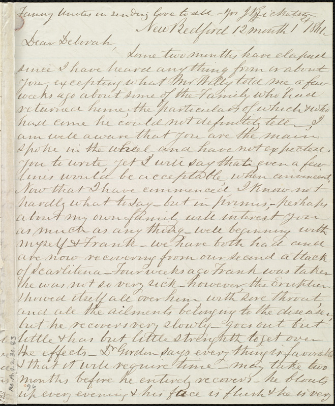 Letter from Joseph Ricketson, New Bedford, [Mass.], to Deborah Weston ...