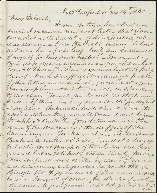 Letter from Joseph Ricketson, New Bedford, [Mass.], to Deborah Weston ...