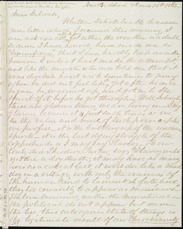 Letter from Joseph Ricketson, New Bedford, [Mass.], to Deborah Weston ...