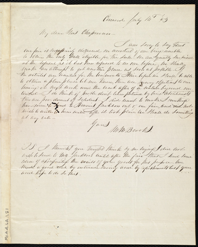 Letter from Mary Merrick Brooks, Concord, [Mass.], to Maria Weston ...